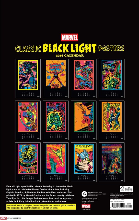 Marvel Classic Black Light 2026 Poster Calendar with 12 Frameable ...