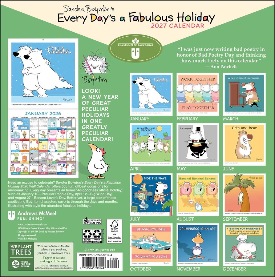 Sandra Boynton's Every Day's a Fabulous Holiday 2026 Wall Calendar ...