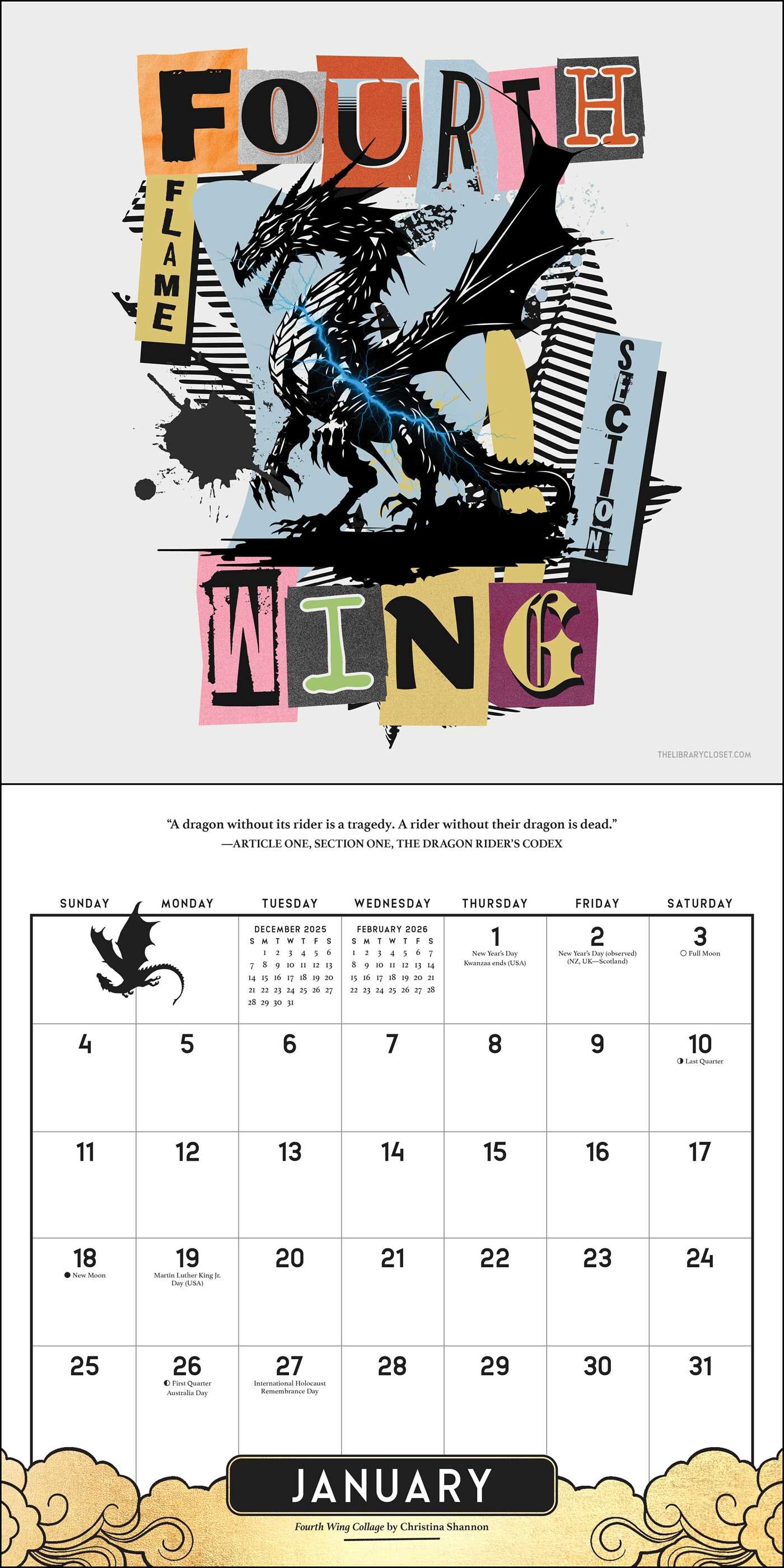 Fourth Wing Officially Licensed Fan Art 2026 Wall Calendar - Book ...