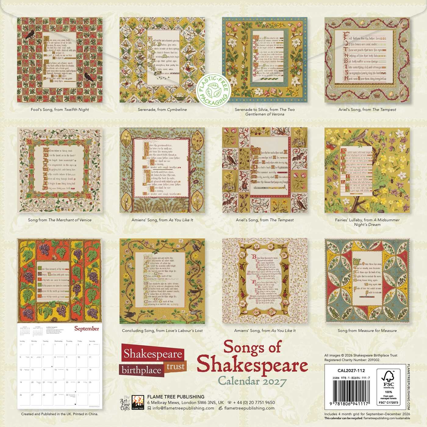 Shakespeare Birthplace Trust: Songs of Shakespeare Wall Calendar 2027 ...